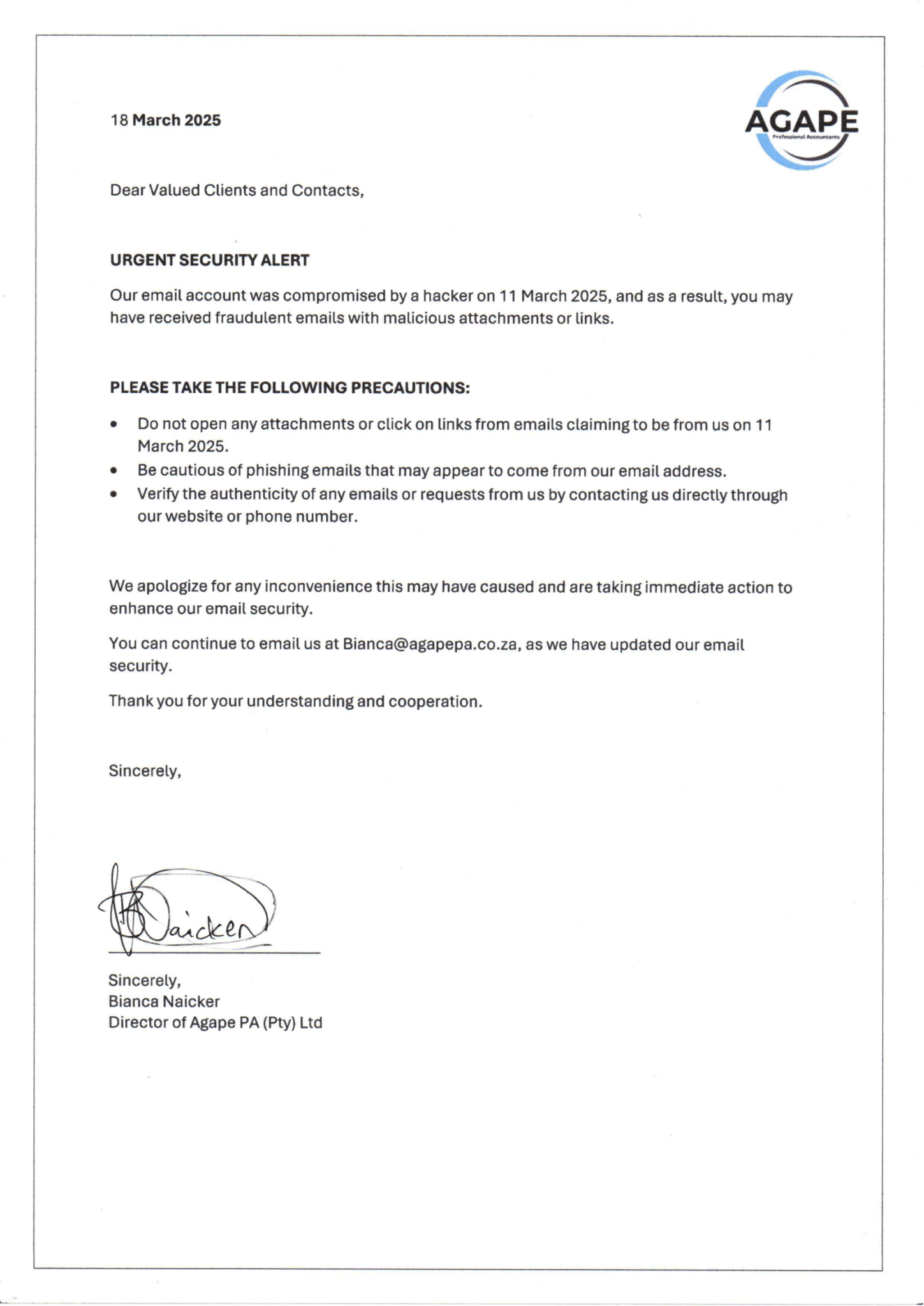 Scam Alert: Email Compromise - Agape PA (Pty) Ltd